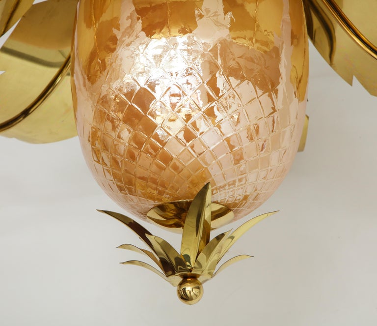 Pair of Venetian Peach Glass and Brass Leaves Pendant Chandeliers For ...