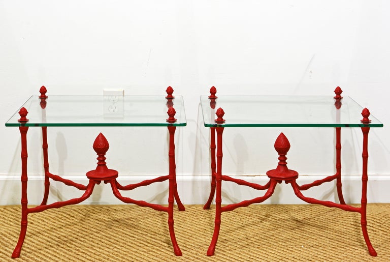 Pair of Venetian Red Faux Bamboo Regency Style Floating Glass Top Side ...