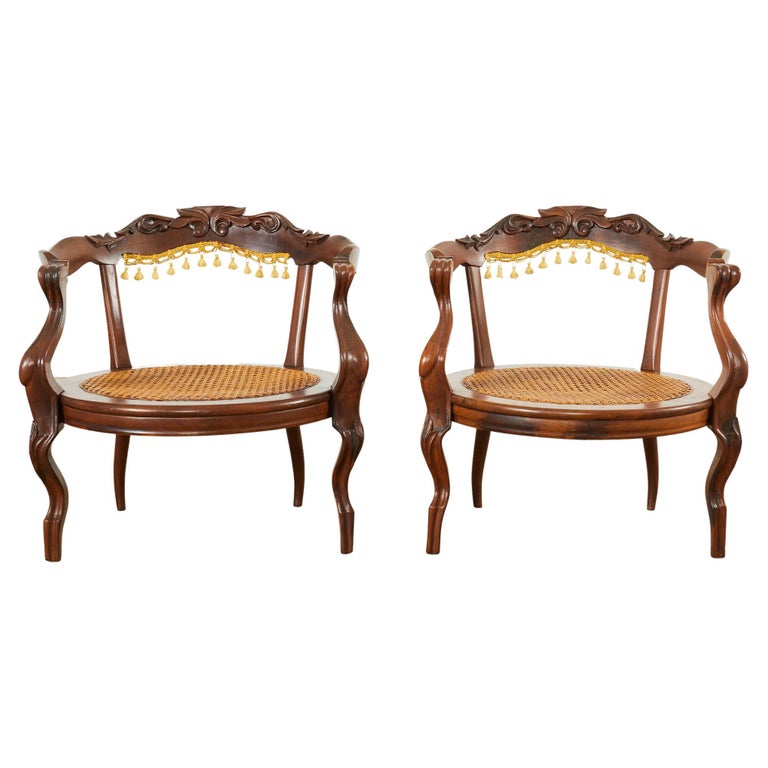 Pair of Venetian Rococo Style Caned Barrel Armchairs For Sale at 1stDibs