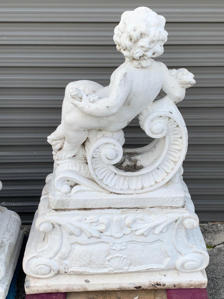 Pair of Versailles Style Cast Stone Statues of Putti and Pedestal Bases ...