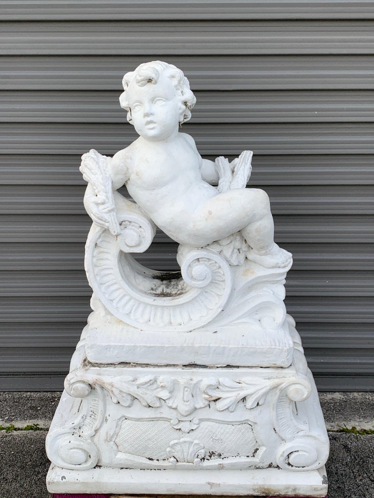 Pair of Versailles Style Cast Stone Statues of Putti and Pedestal Bases ...