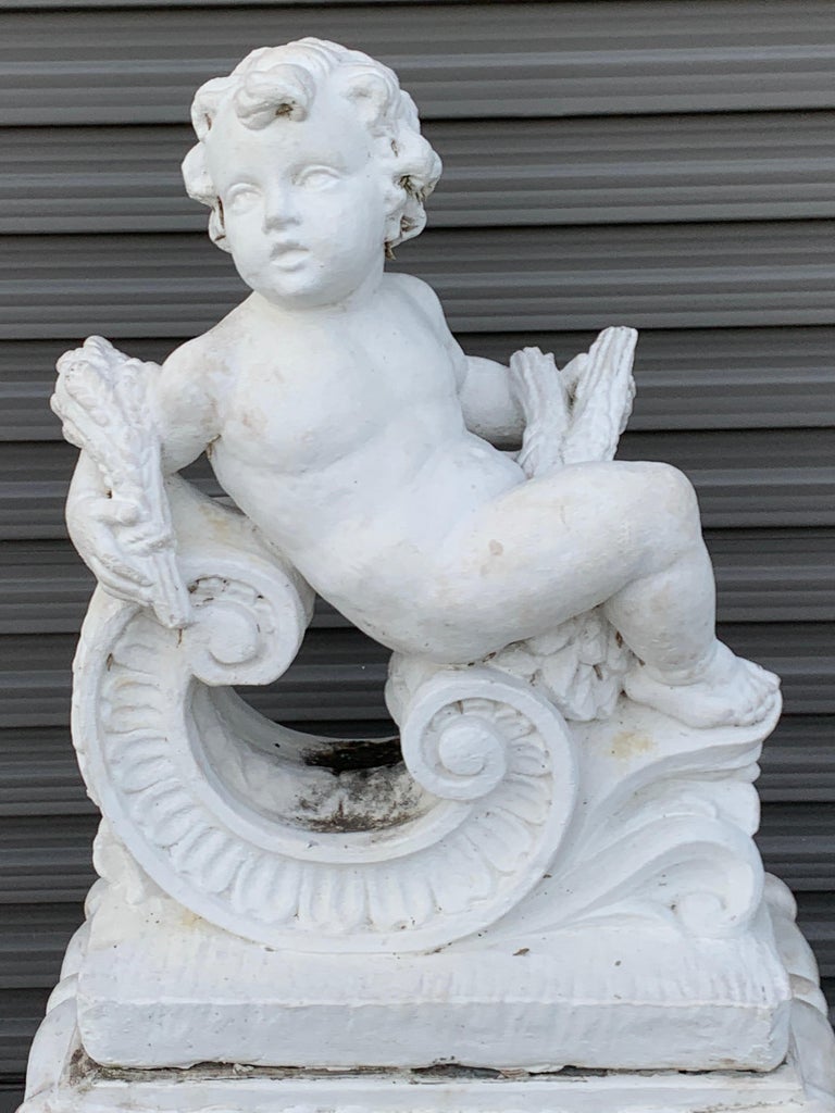 Pair of Versailles Style Cast Stone Statues of Putti and Pedestal Bases ...