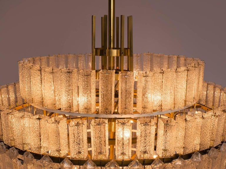 Pair of Very Large Circular Chandelier in Brass and Structured Glass ...