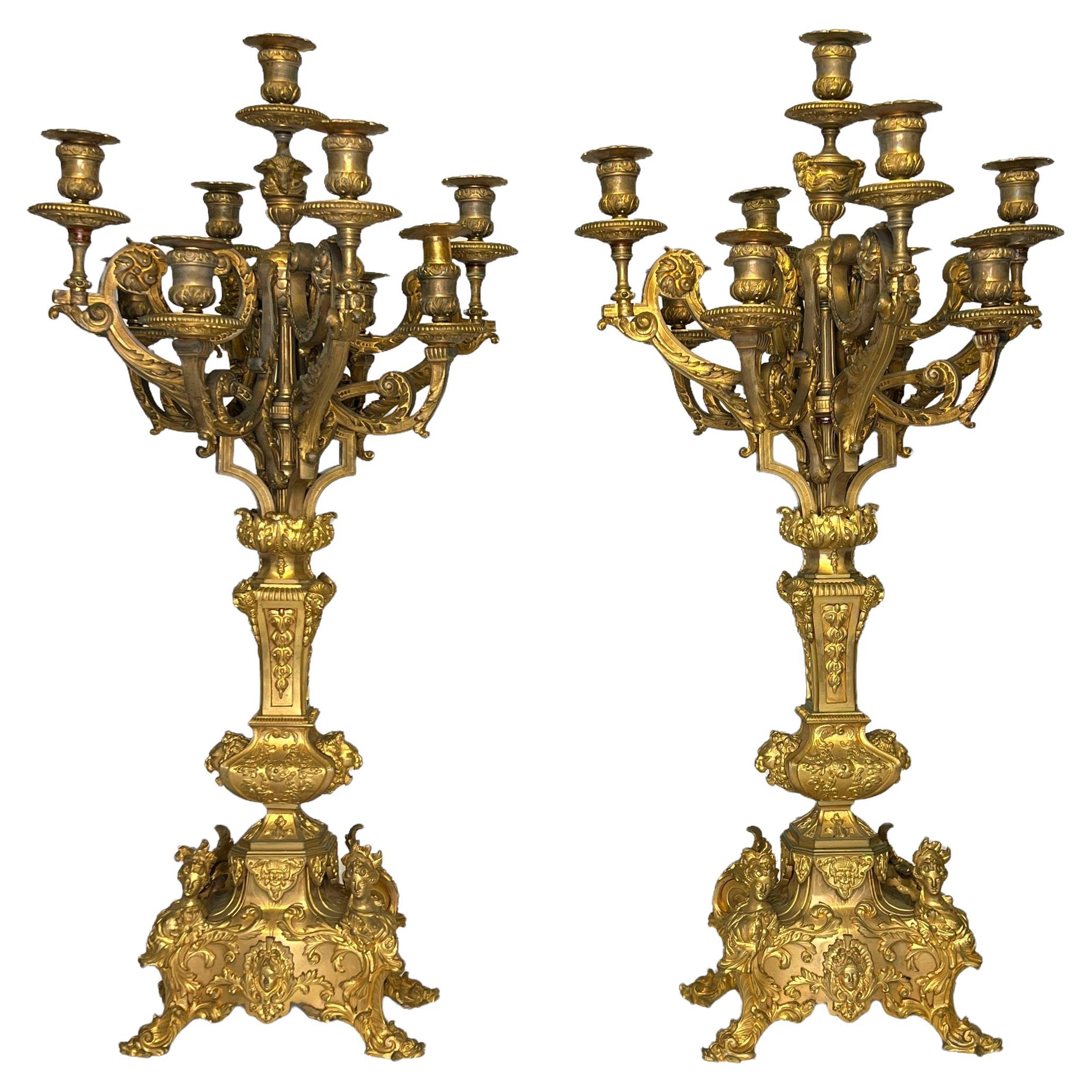 Pair of Very Large French Brass Candelabra in the Gothic Revival Style ...