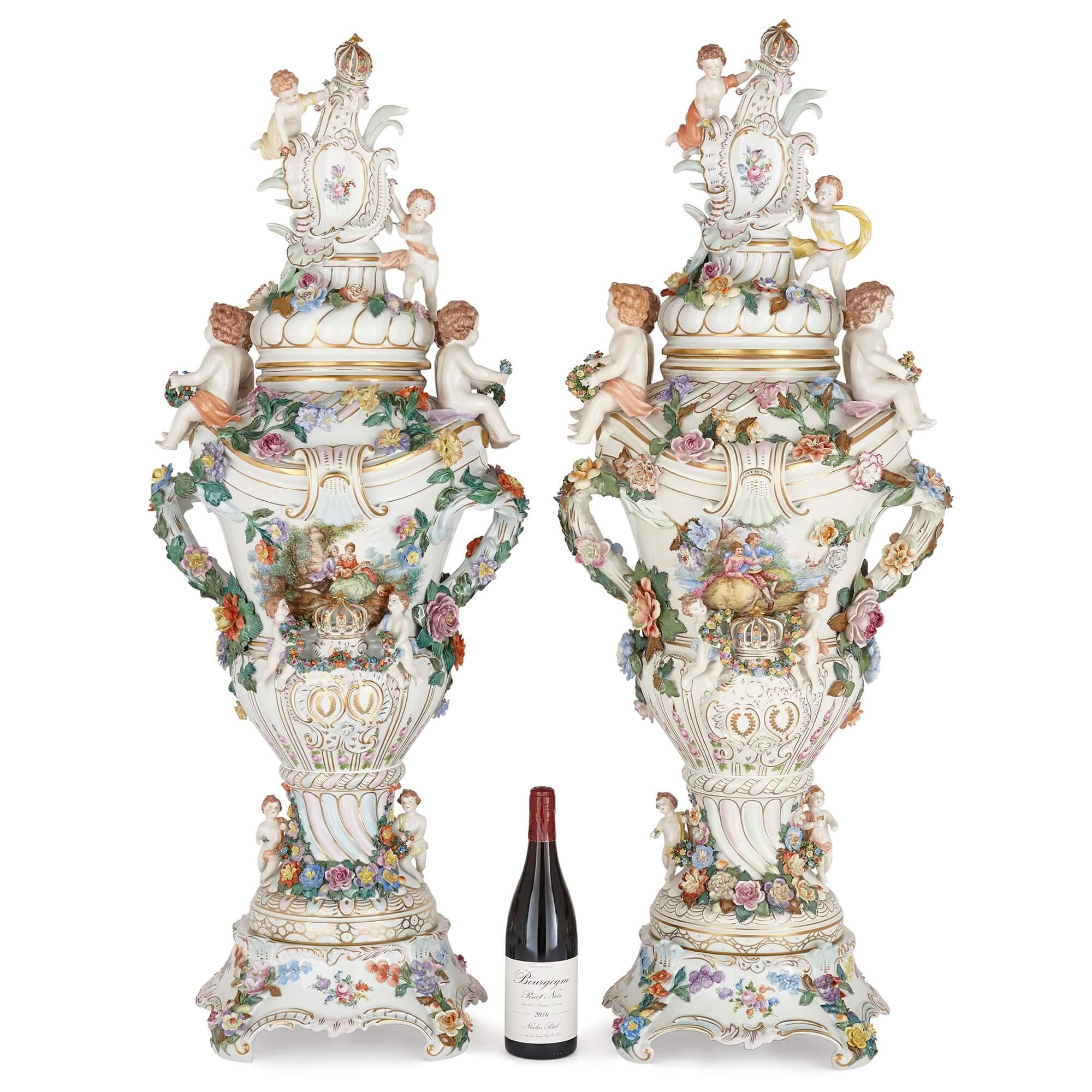 Pair of very large Rococo style Dresden porcelain vases with covers and ...