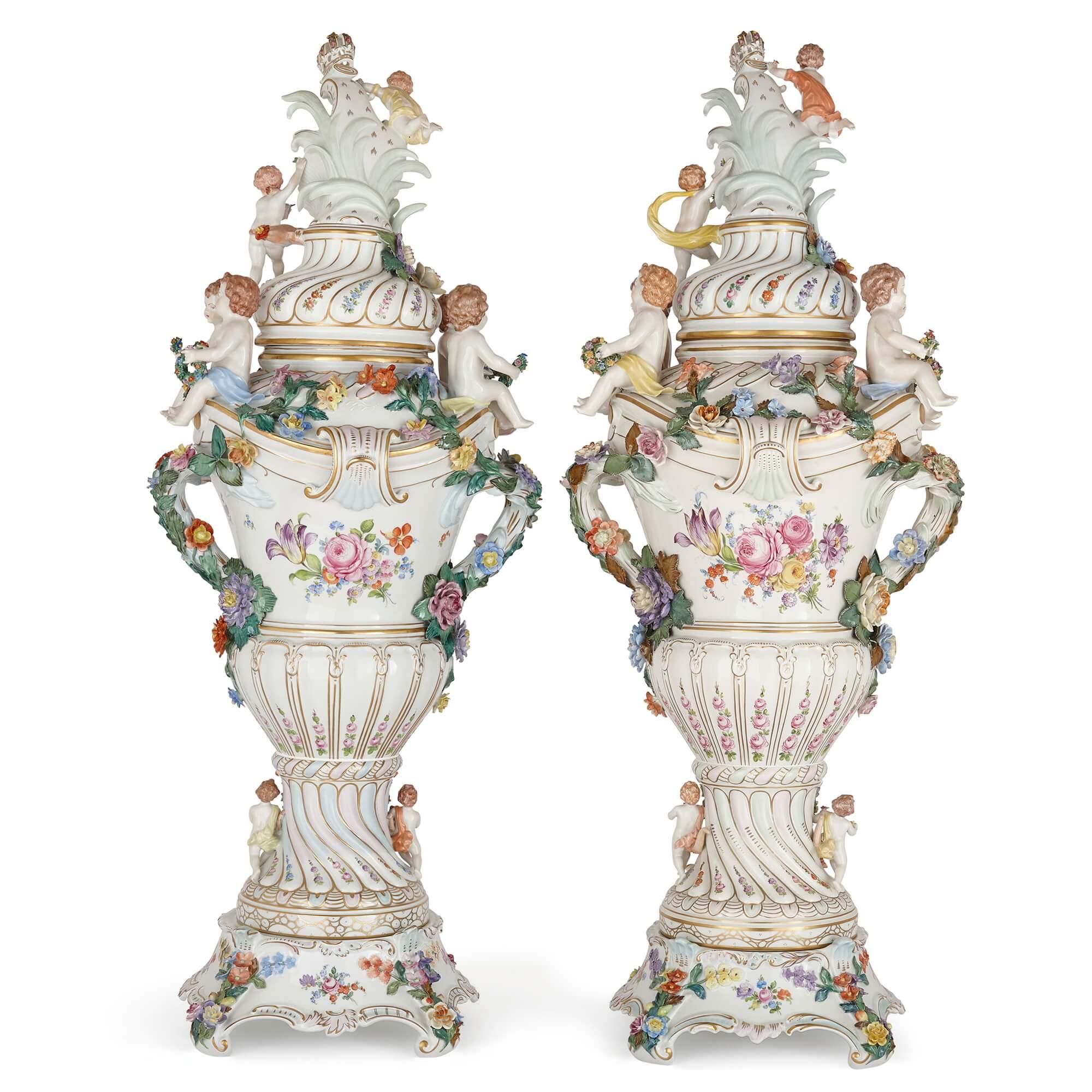 Pair of very large Rococo style Dresden porcelain vases with covers and ...