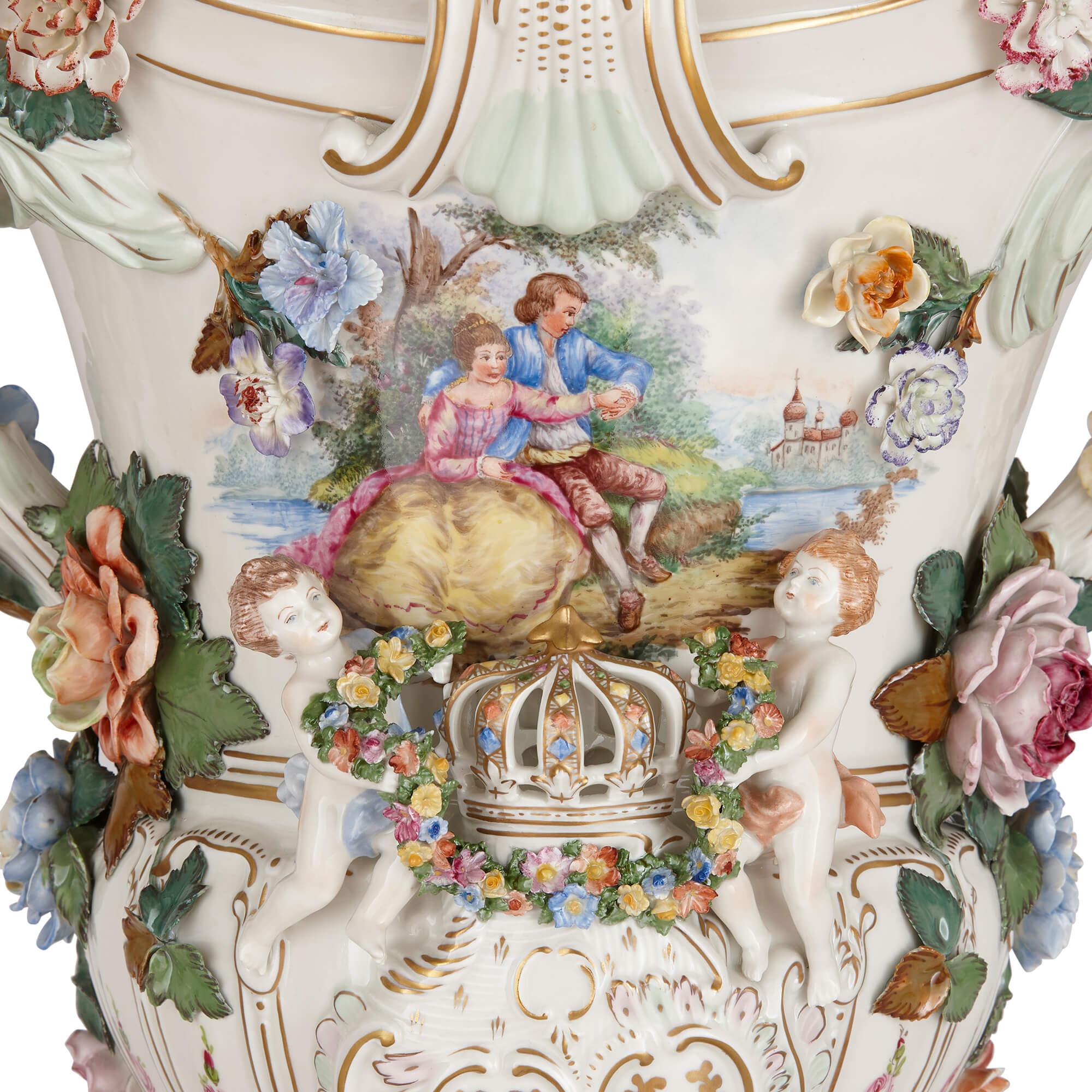 Pair of very large Rococo style Dresden porcelain vases with covers and ...