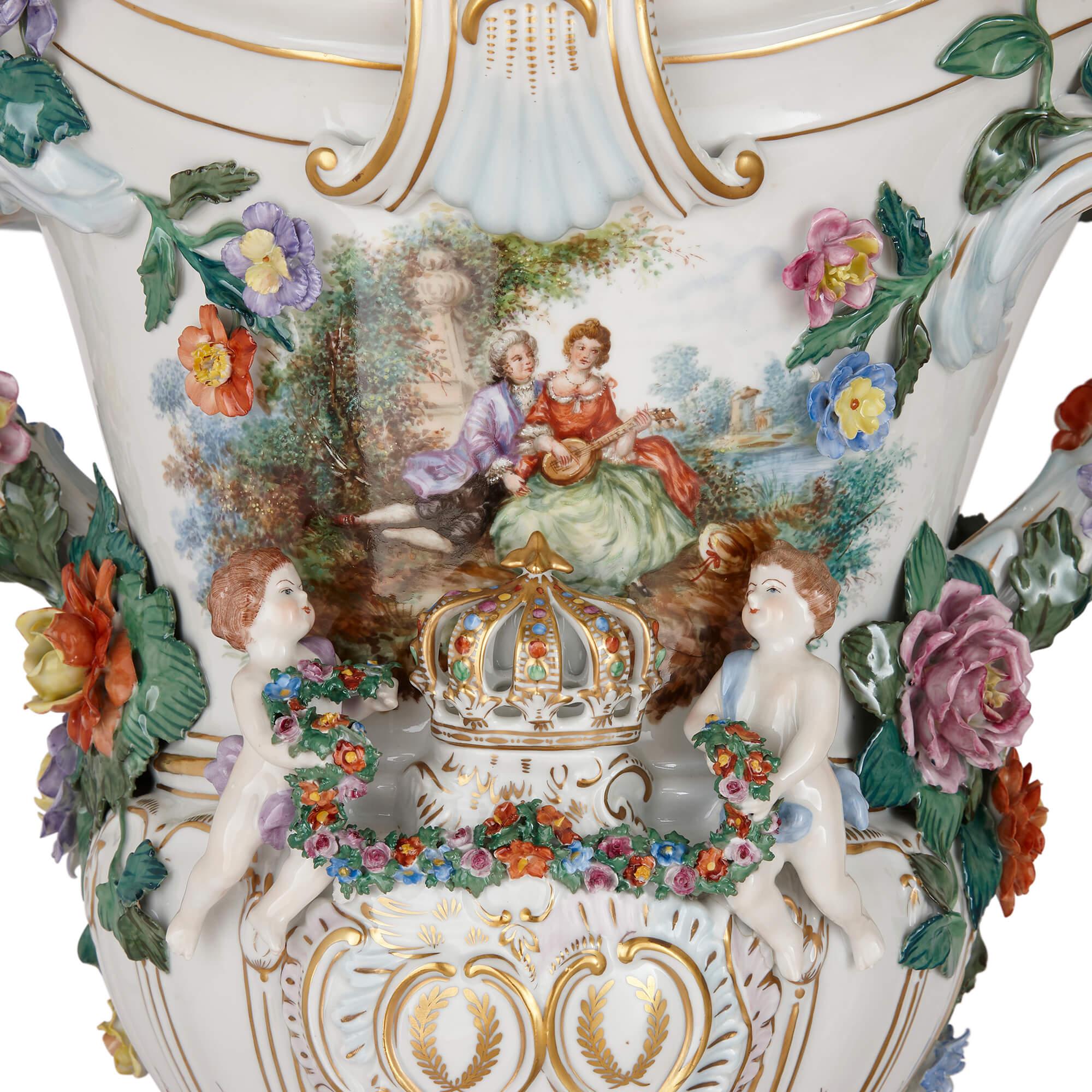 Pair of very large Rococo style Dresden porcelain vases with covers and ...