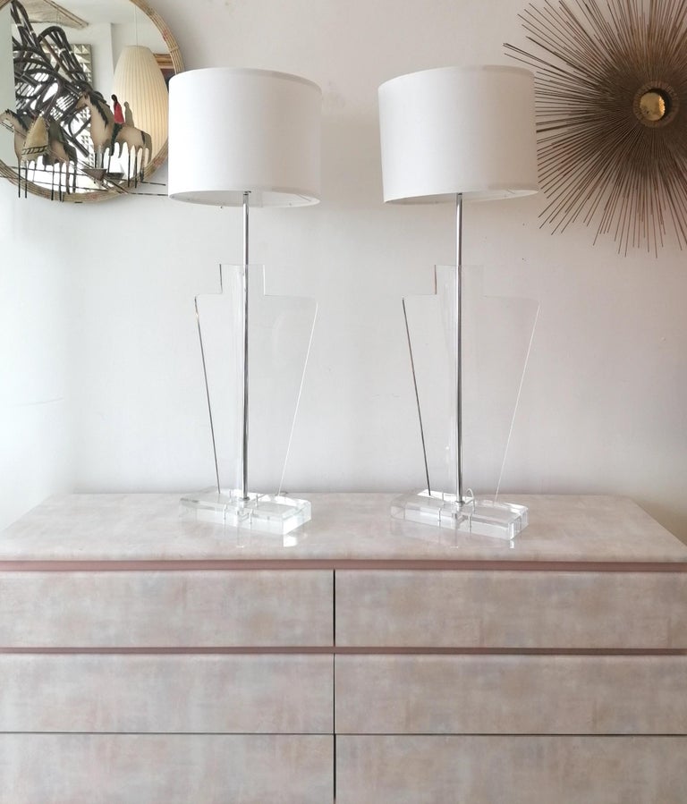Pair of Very Large Vintage Architectural Lucite and Chrome Lamps, 1970s ...