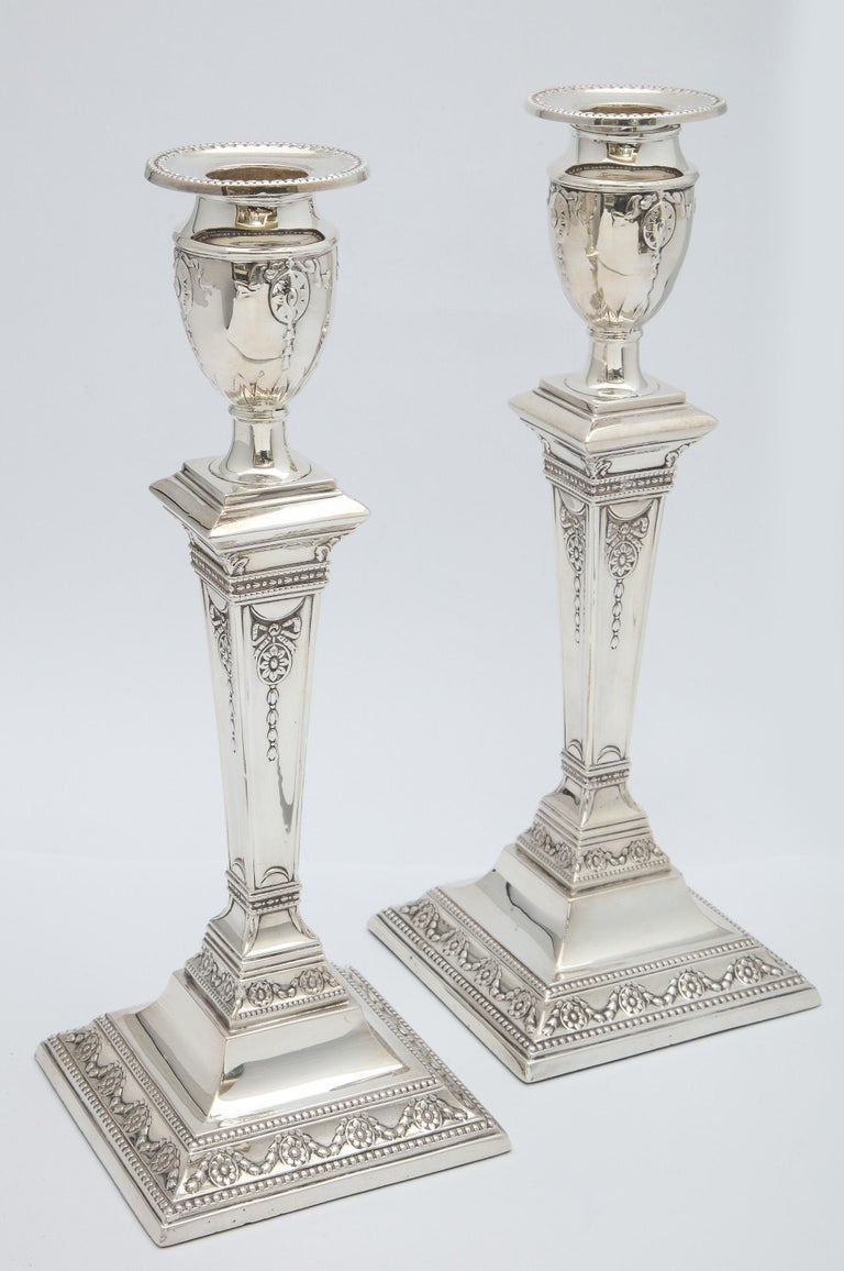 Pair of Victorian Adam-Style Sterling Silver Candlesticks at 1stDibs