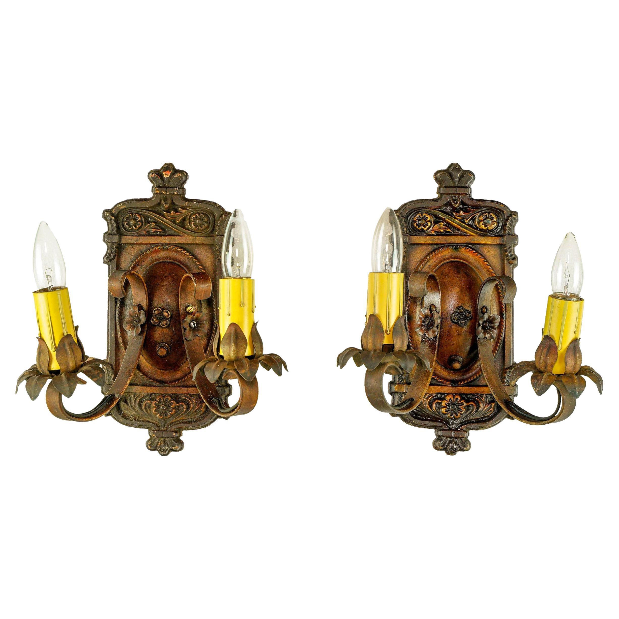 Pair of Victorian Bronze Washed Iron 2 Arm Wall Sconces For Sale at 1stDibs