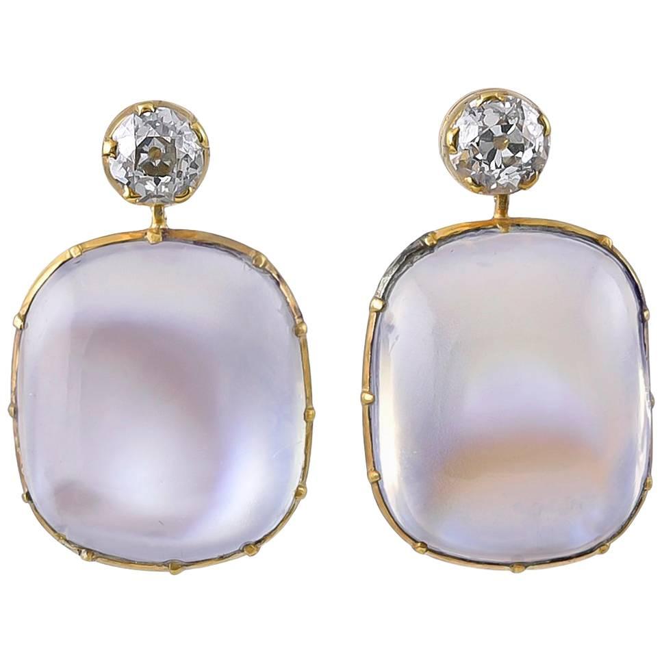 Pair of Victorian Moonstone and Diamond Earrings at 1stDibs