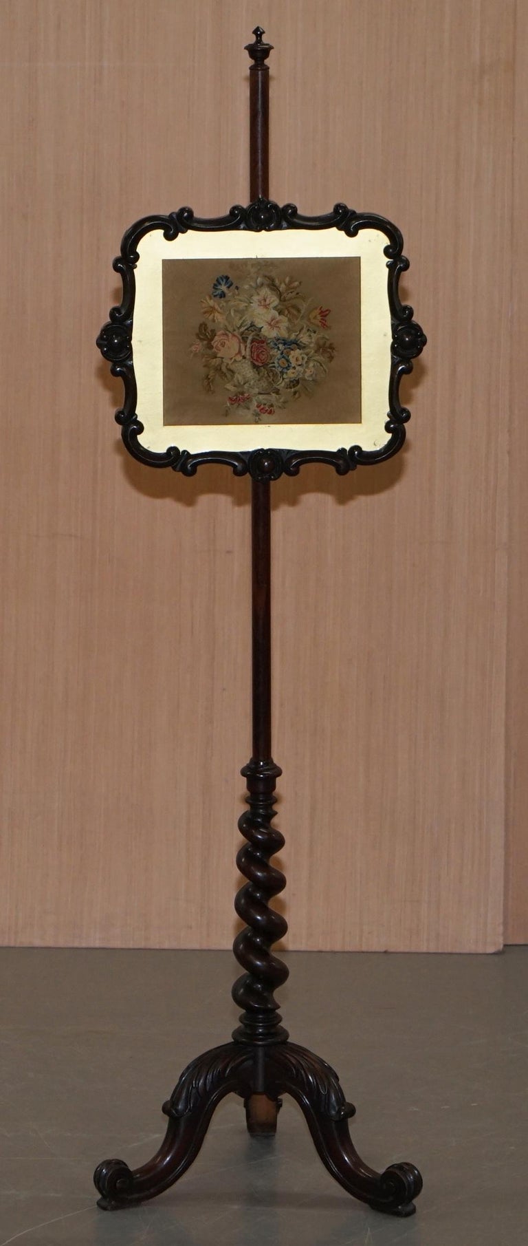 Pair of Victorian Hardwood Pole Screens with Barley Twist Column Ornate ...