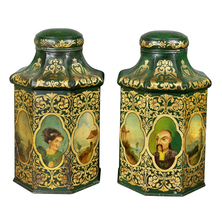 Pair of Victorian Tole Teacannisters For Sale at 1stDibs