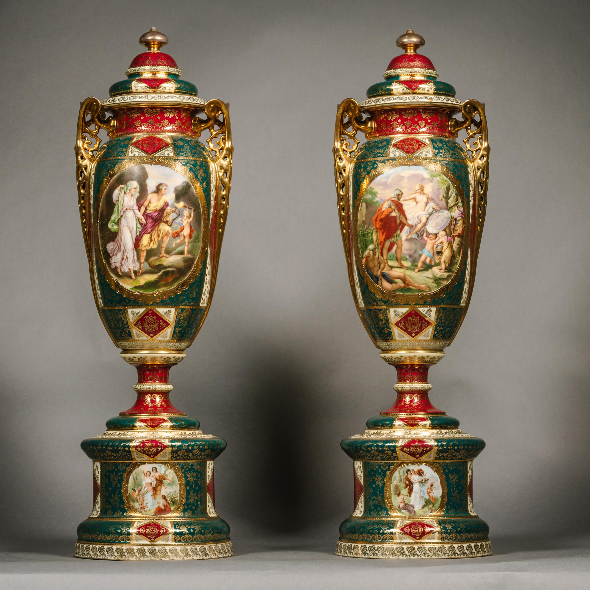 Pair of Vienna Style Porcelain Vases and Covers For Sale at 1stDibs