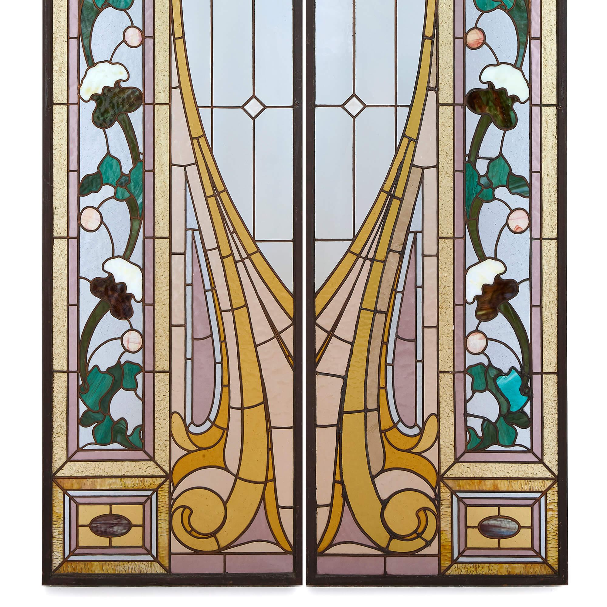 Pair of Viennese Floral Stained-Glass Windows For Sale at 1stDibs