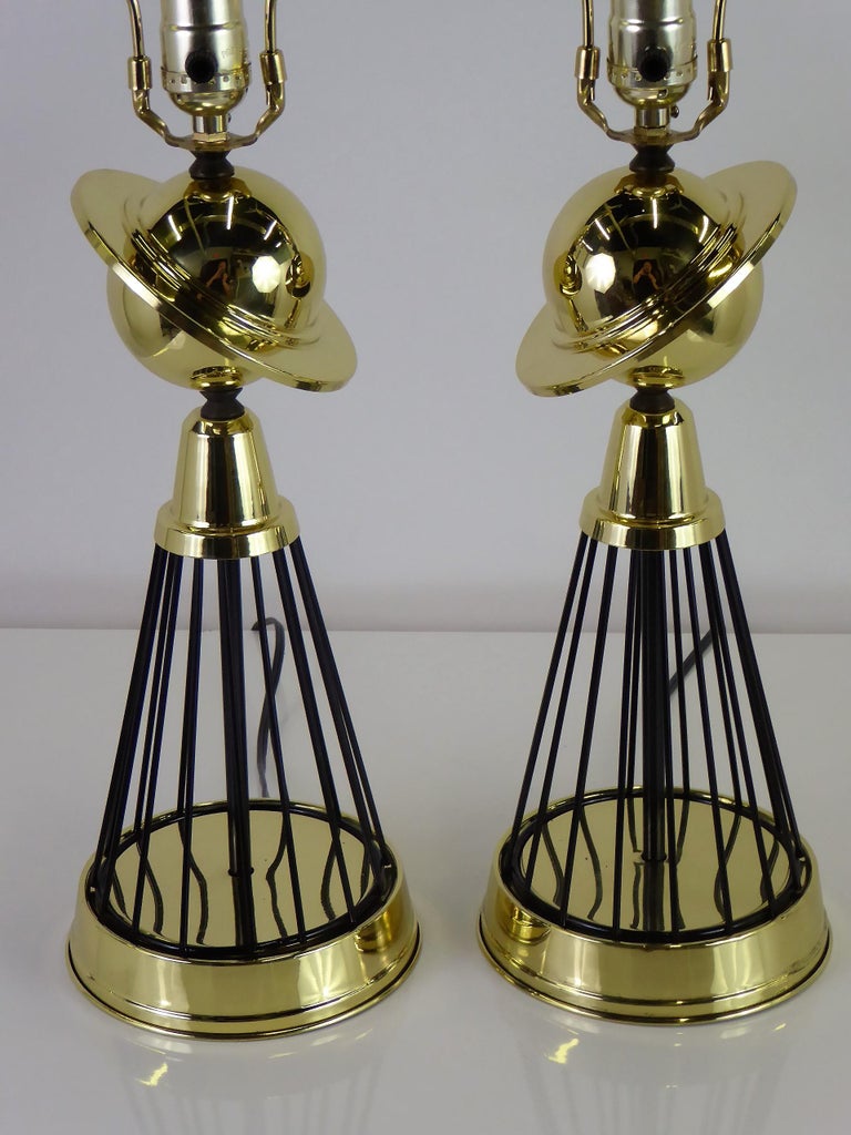 Pair of Vintage 1940s Brass and Wire Saturn Table Lamps at 1stDibs