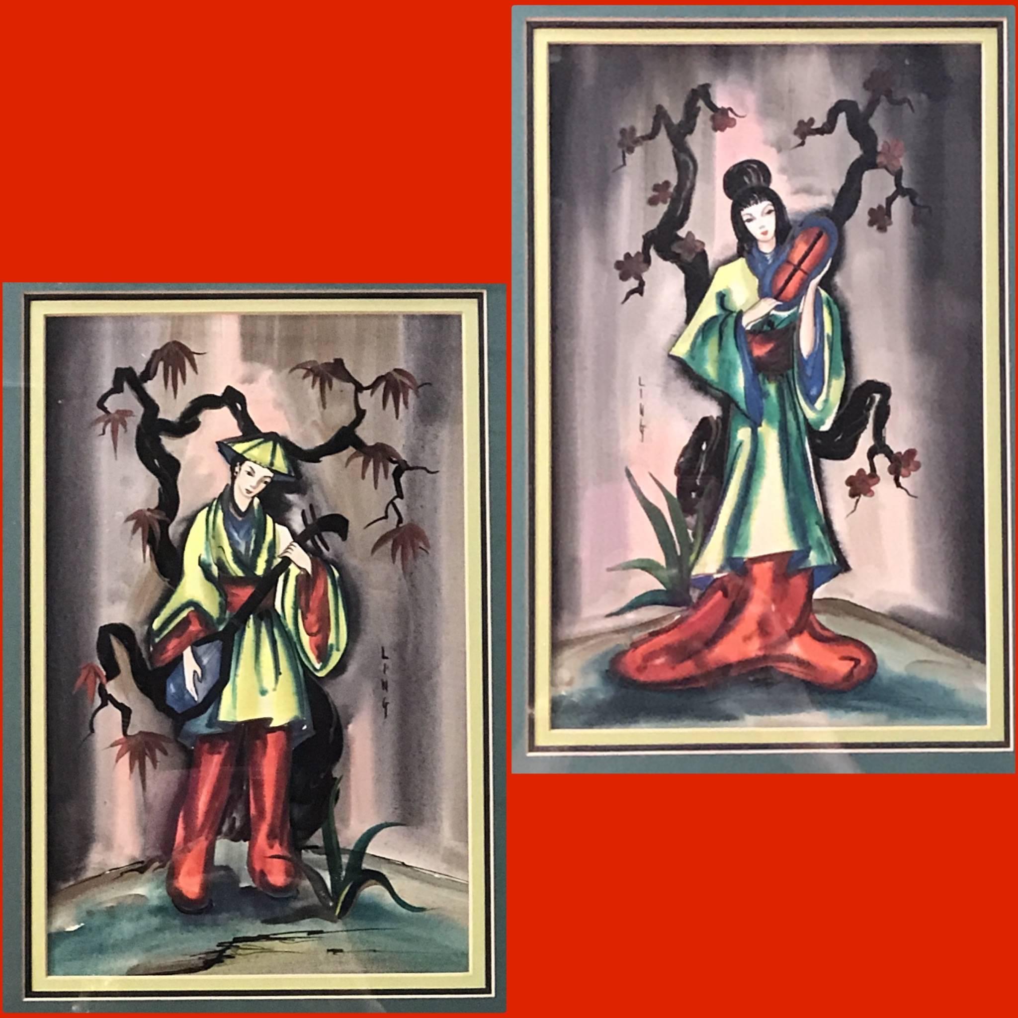 Pair of Vintage 1950s Chinoiserie Figure Original Paintings Signed Ling ...