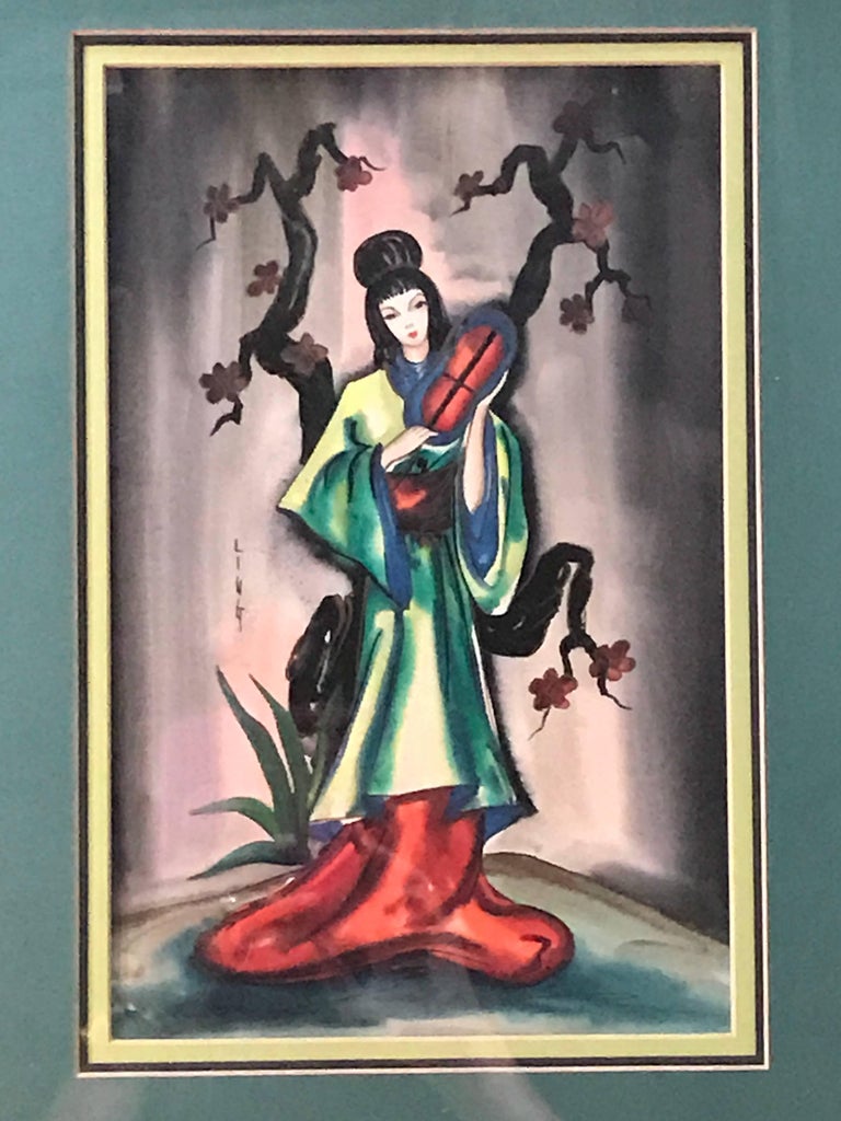 Pair of Vintage 1950s Chinoiserie Figure Original Paintings Signed Ling ...