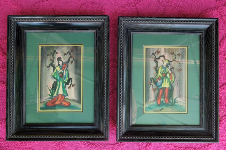 Pair of Vintage 1950s Chinoiserie Figure Original Paintings Signed Ling ...
