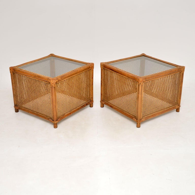 Pair of Vintage 1970's Bamboo and Rattan Side Tables For Sale at 1stDibs