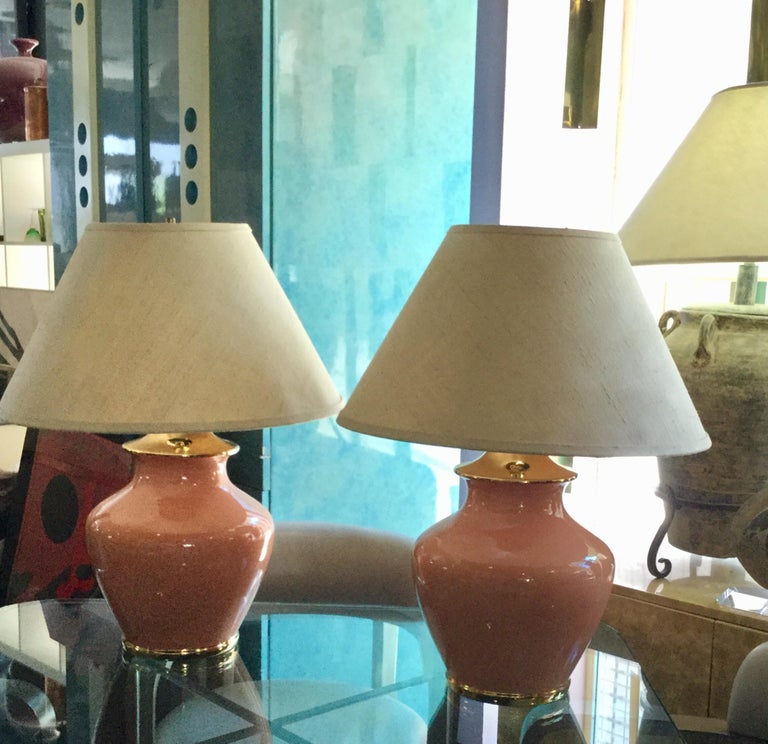 Vintage 1980s Coral and Gold Ceramic Lamps with Brass Trim Pair For ...