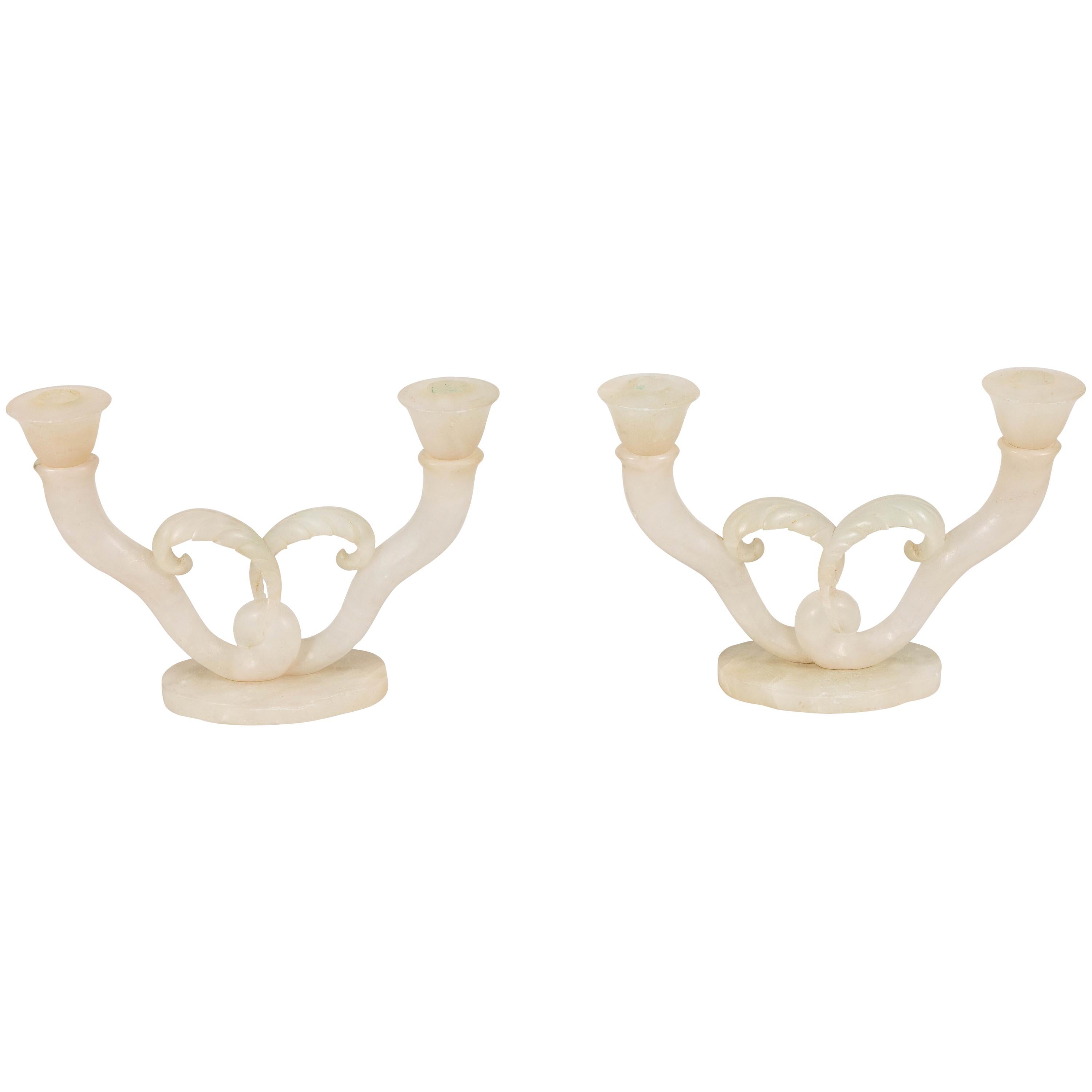 Pair of Vintage Alabaster 2-Arm Candleholders at 1stDibs