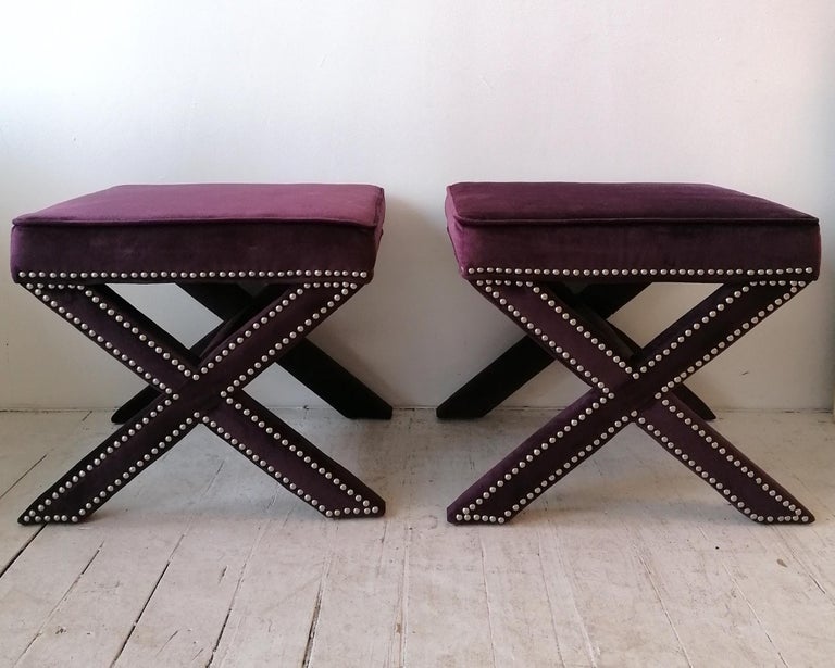 Pair of Vintage American x Base Studded Purple Velvet Foot Stools, USA ...