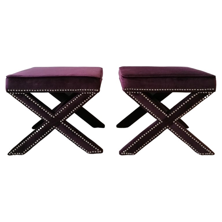 Pair of Vintage American x Base Studded Purple Velvet Foot Stools, USA ...