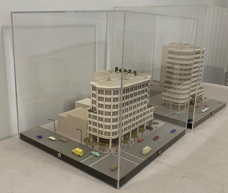 Pair of Vintage Architecture Building Models Under Plexiglass, circa ...