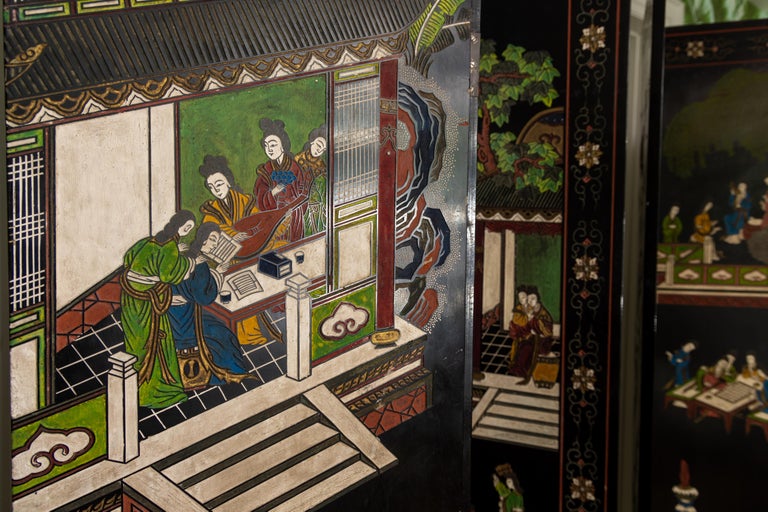 Pair of Vintage Asian 3 Panel Screens with Intricate Hand Painted ...