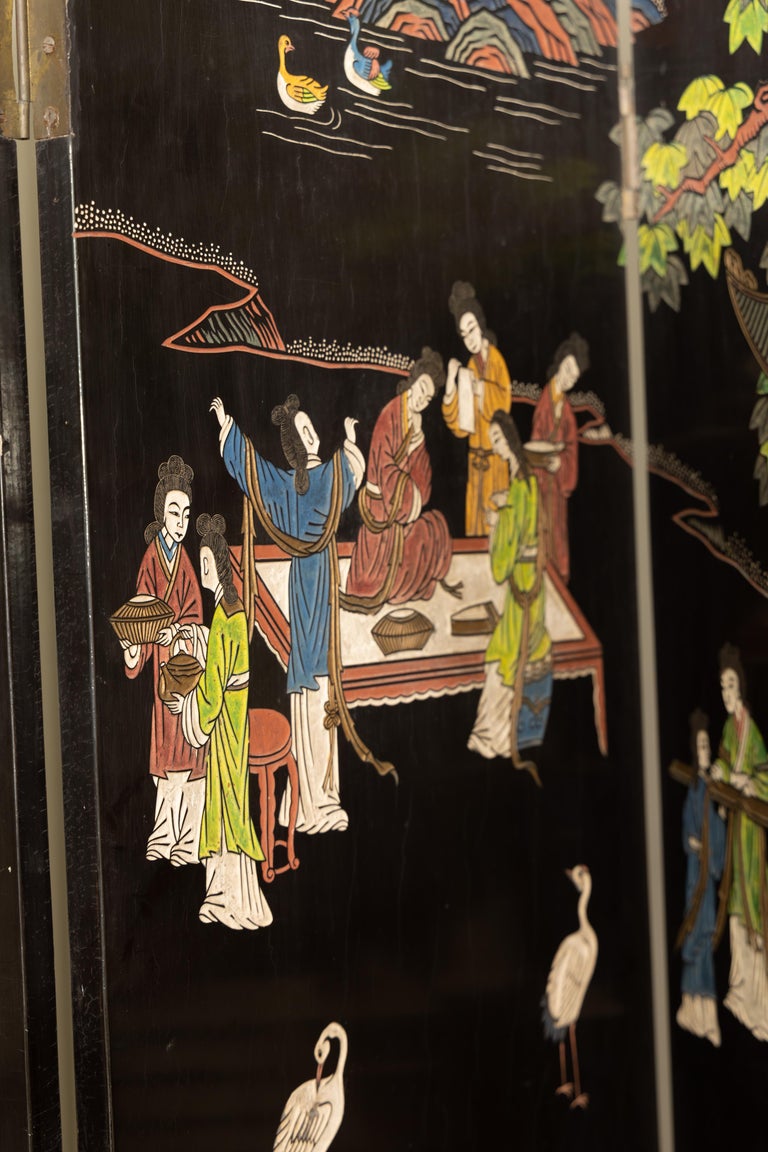 Pair of Vintage Asian 3 Panel Screens with Intricate Hand Painted ...