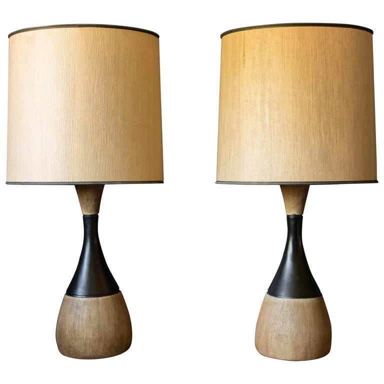 Pair of Vintage Black and Tan Stoneware Lamps at 1stDibs