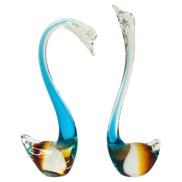 Pair Of Vintage Blue Amber Art Glass Swans For Sale At 1stdibs
