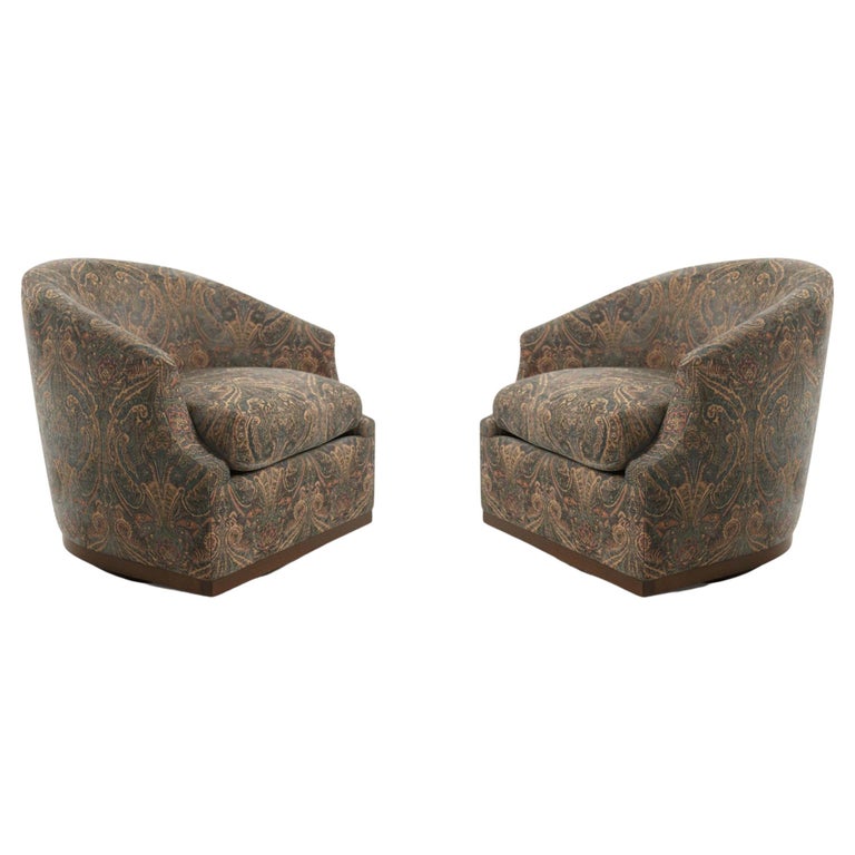 Pair of Vintage Blue Paisley Patterned Velvet Swivel Club Chairs For ...