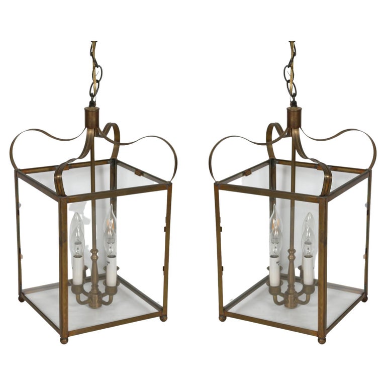 Pair of Vintage Brass Square Lanterns For Sale at 1stDibs