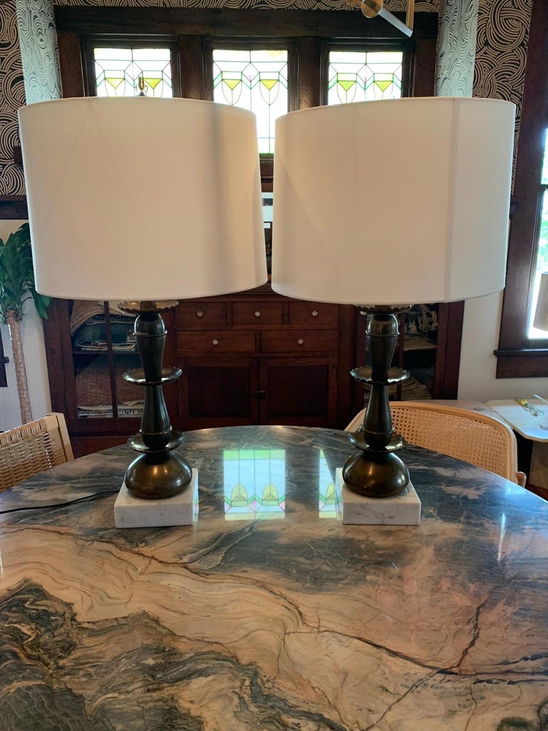 Pair of Vintage Brass Table Lamps with Floral Motif and Marble Base For ...