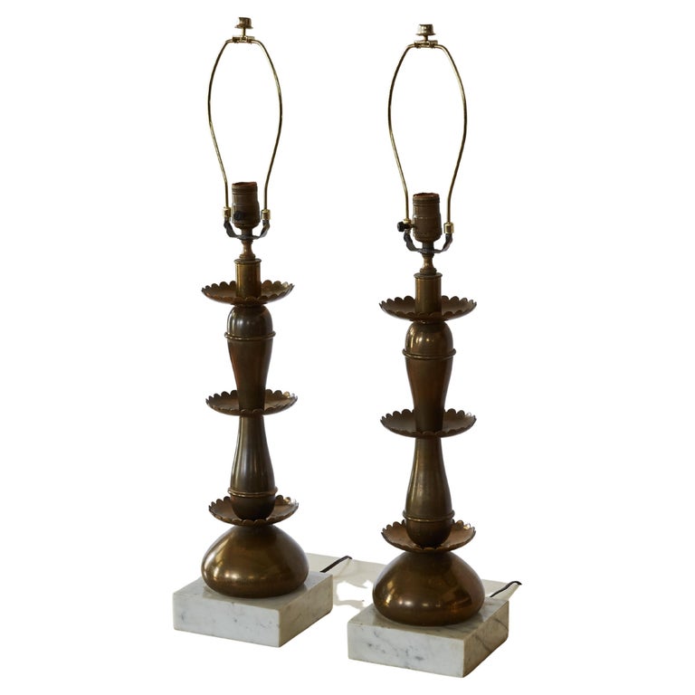 Pair of Vintage Brass Table Lamps with Floral Motif and Marble Base For ...