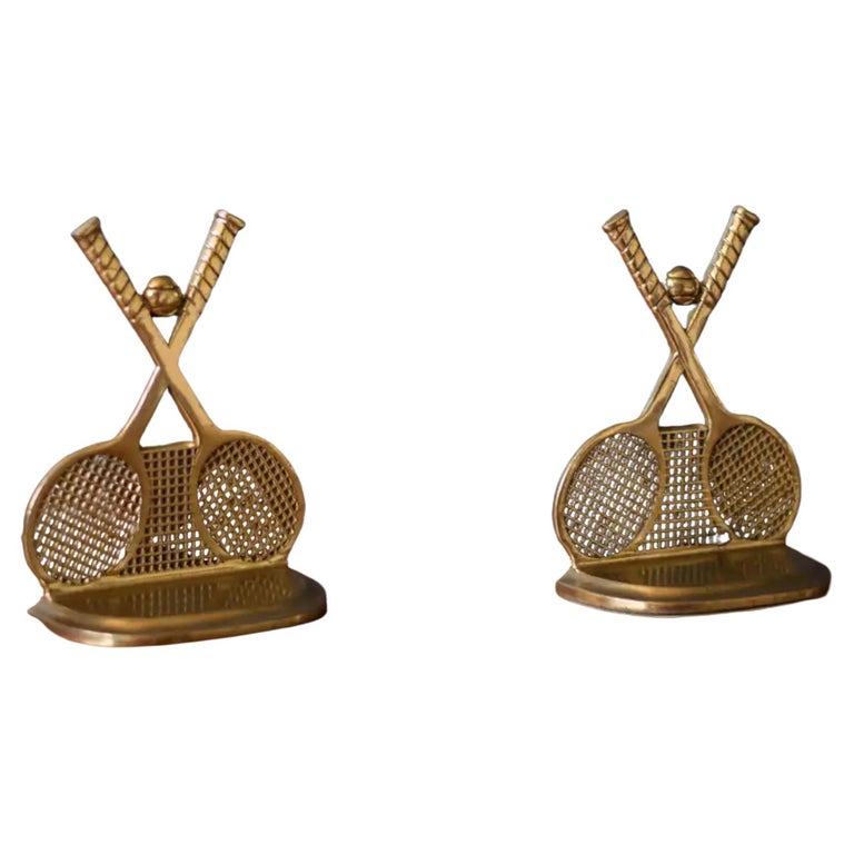 Pair of Vintage Brass Tennis Racket and Ball Bookends For Sale at 1stDibs