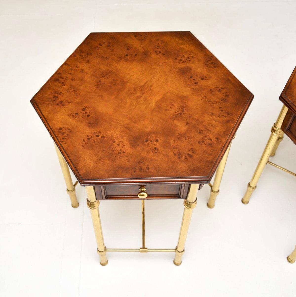Pair of Vintage Burr Walnut and Brass Side Tables For Sale at 1stDibs
