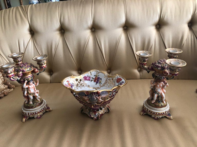 Pair of Vintage Capodimonte Candelabra and Compote at 1stDibs