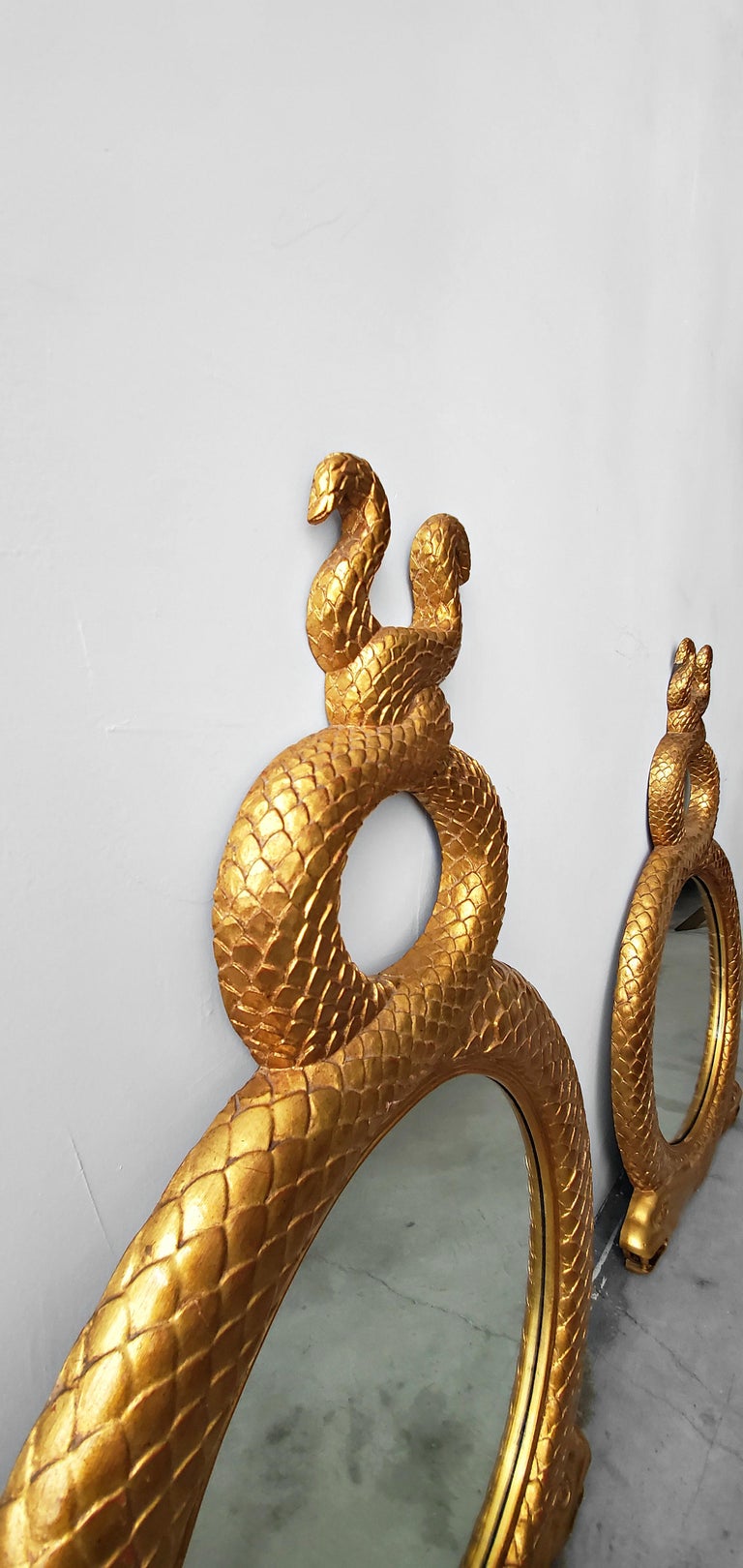 Pair of Vintage Carved Gilt Serpent Snake Wall Mirrors at 1stDibs