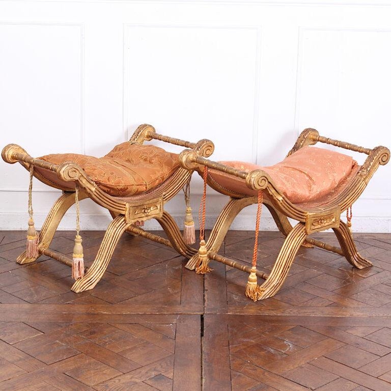 Pair of Vintage Carved Gilt X-Frame Stools For Sale at 1stDibs