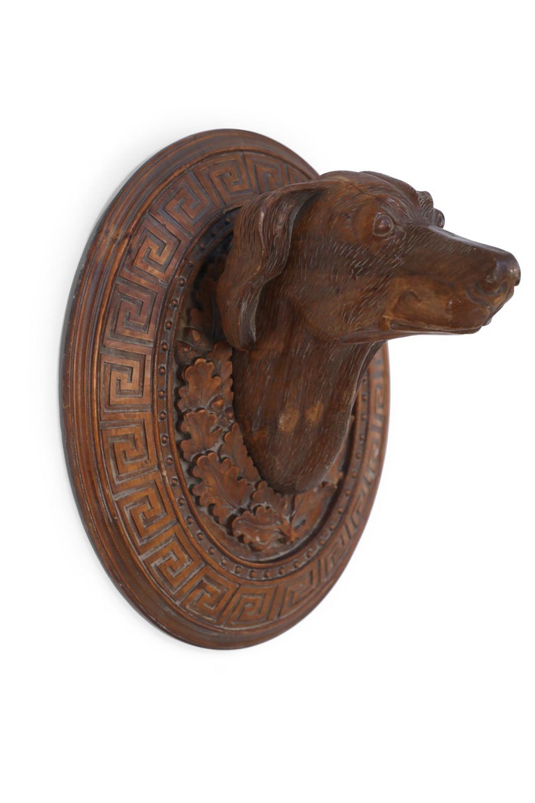 Pair of Vintage Carved Wooden Dog Head Wall Plaques For Sale at 1stDibs