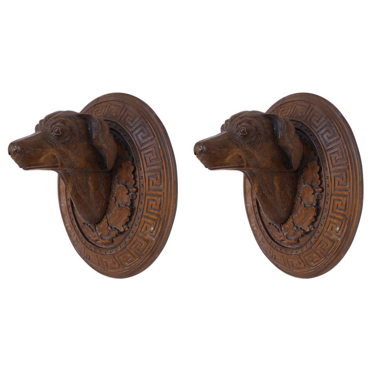 Pair of Vintage Carved Wooden Dog Head Wall Plaques For Sale at 1stDibs