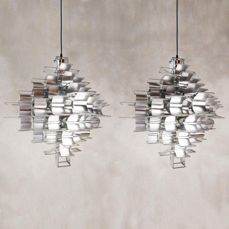 Pair of Vintage Cassiope Ceiling Lamps in Silver Aluminium by Max Sauze ...