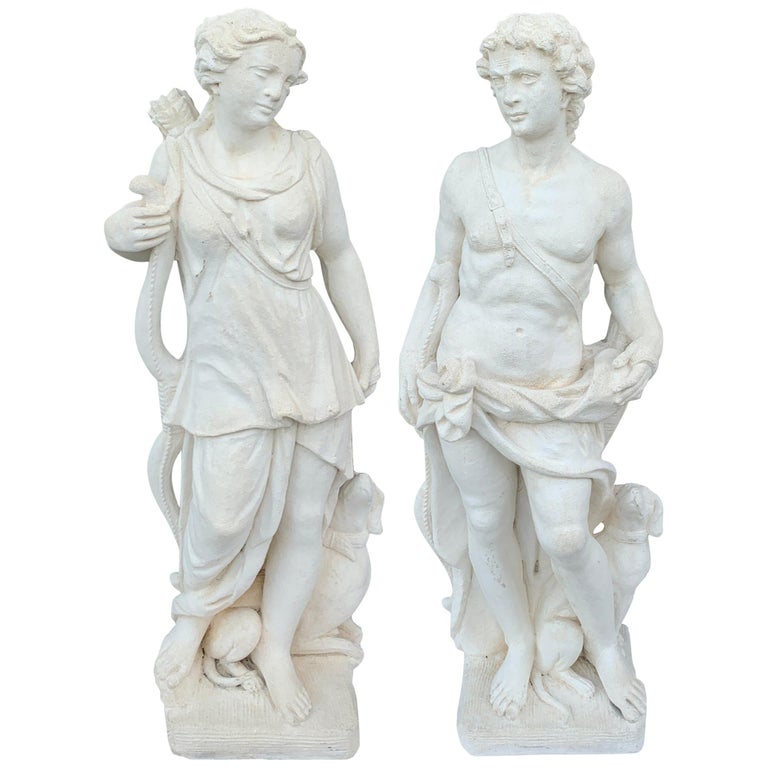 Pair of Vintage Cast Sone Statues of Apollo and Diana For Sale at 1stDibs