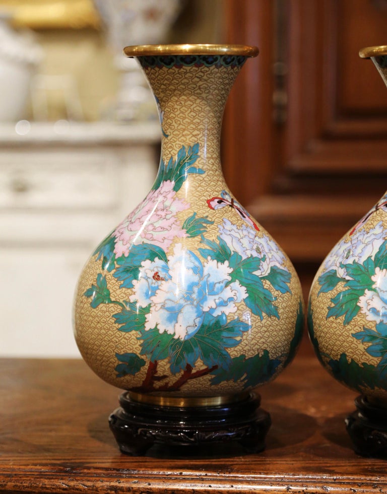 Pair of Vintage Chinese Champlevé Enamel Vases on Stand with Butterfly ...