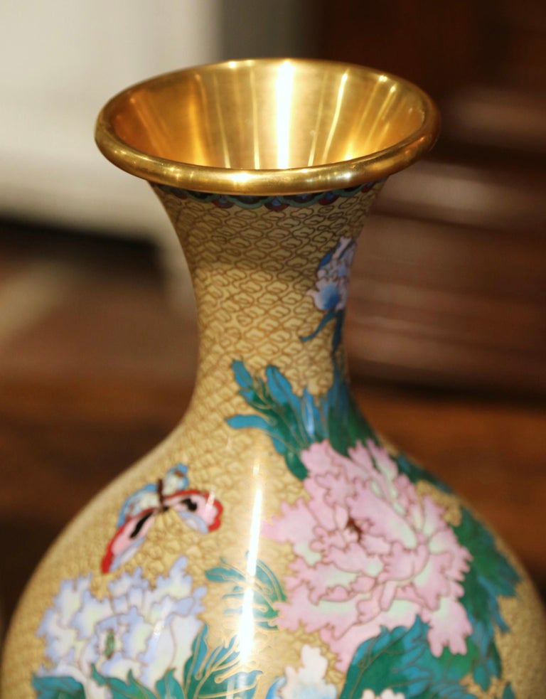Pair of Vintage Chinese Champlevé Enamel Vases on Stand with Butterfly ...