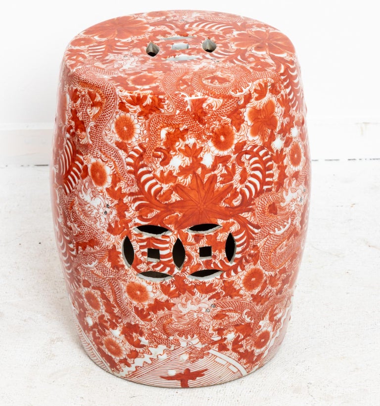 Pair of Vintage Chinese Red Floral Ceramic Garden Stools at 1stDibs